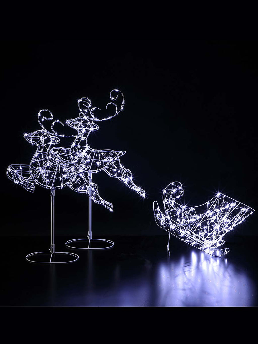 96cm White Flexi Wire Frame Two Reindeer & Sleigh with 360 LEDs ...