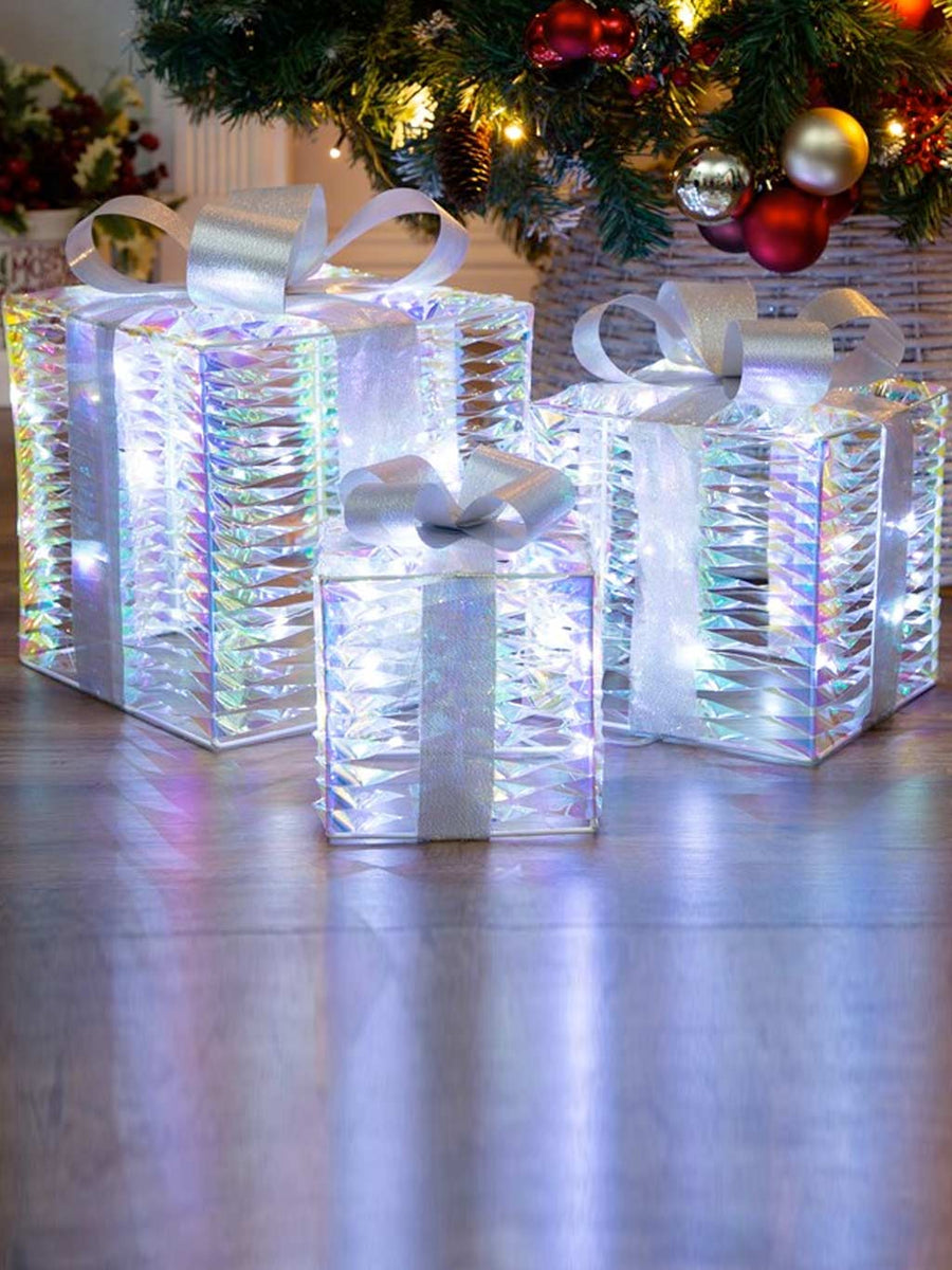 Set of 3 Iridescent Metal Light Up Gift box – Seasons Christmas Outlet
