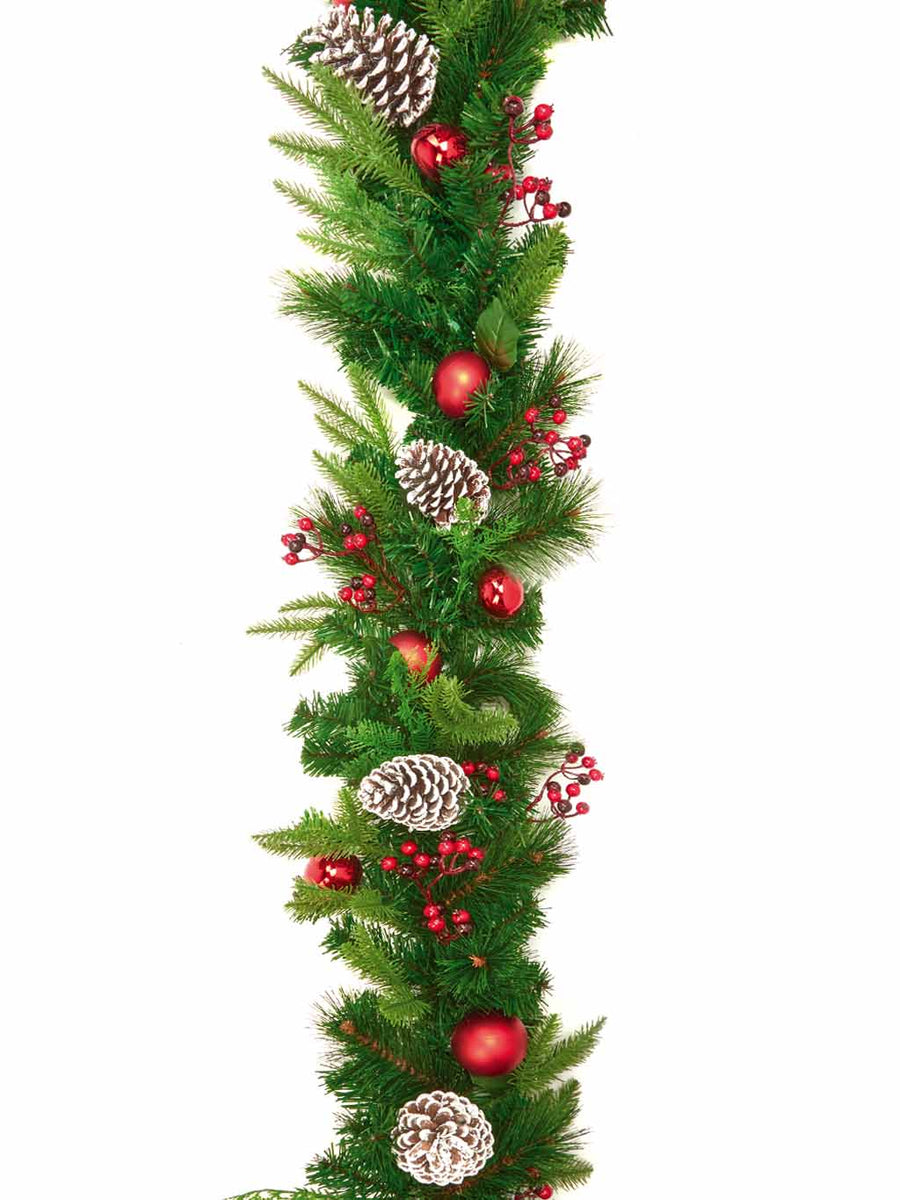 1.8m Christmas Garland with Red Baubles & Pinecones – Seasons Christmas ...