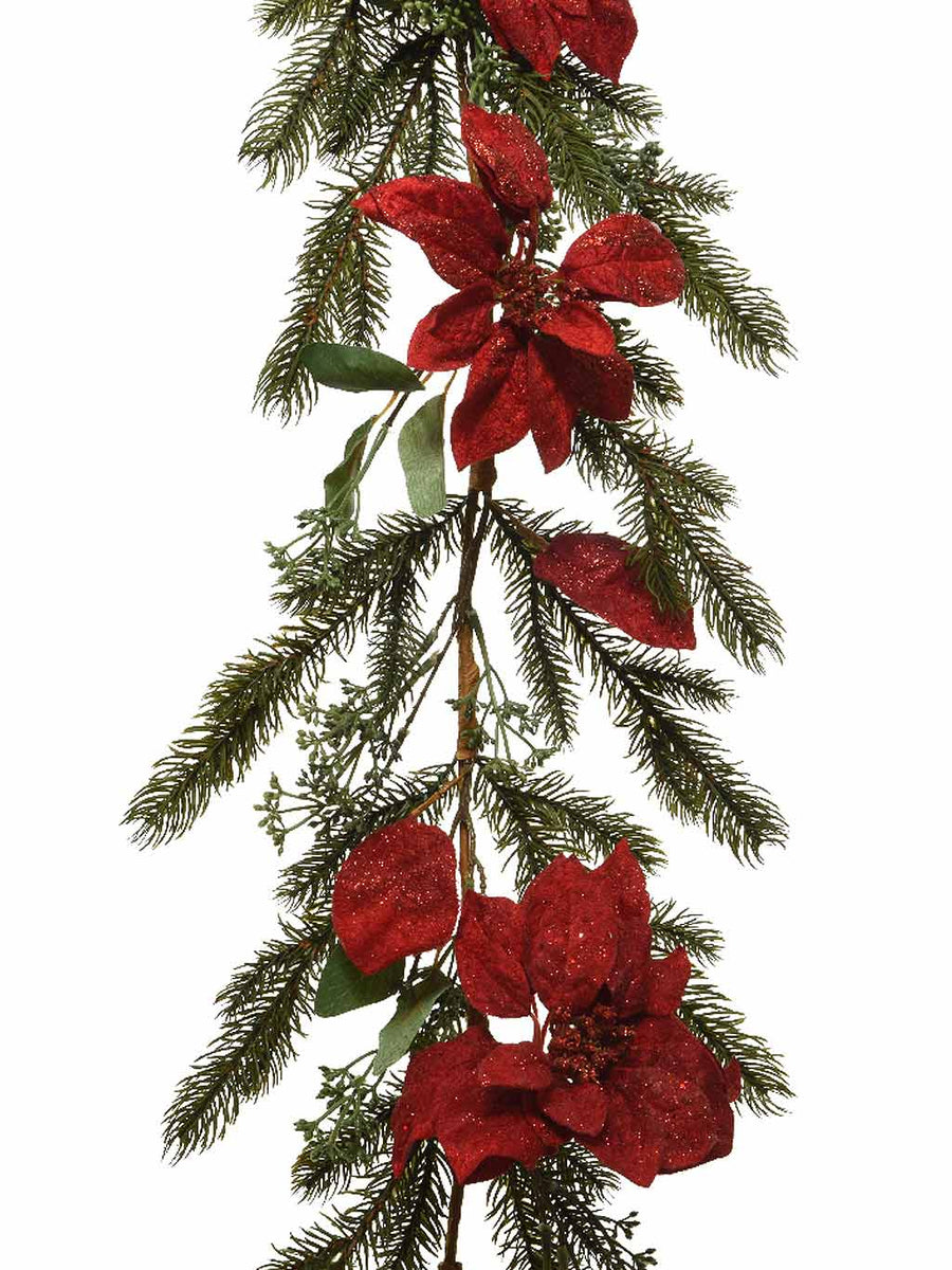 1.8M PE Garland with Glitter & Poinsettias – Seasons Christmas Outlet