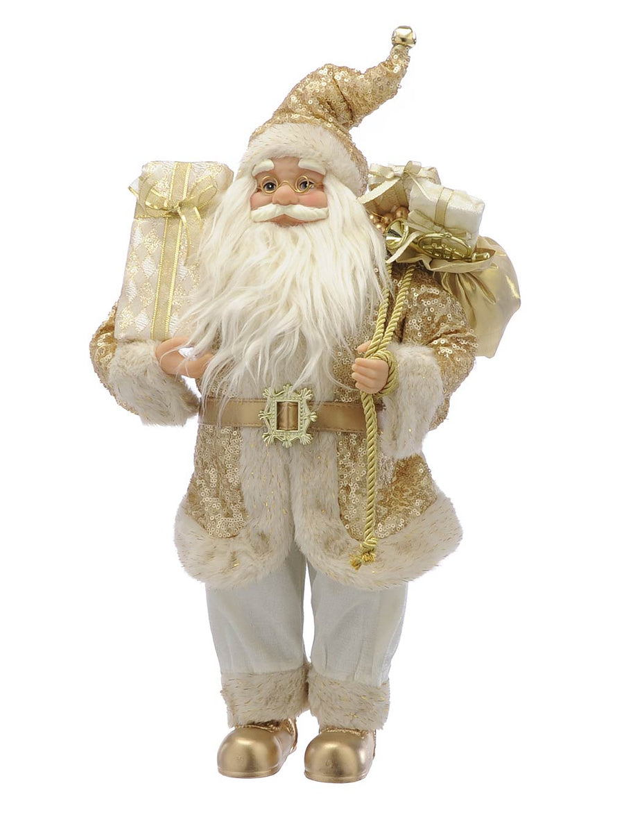 64cm Standing White And Gold Santa With Presents – Seasons Christmas Outlet